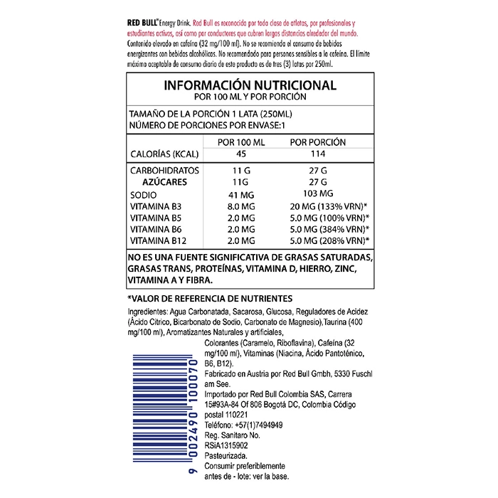 Datos Nutricionales De Red Bull